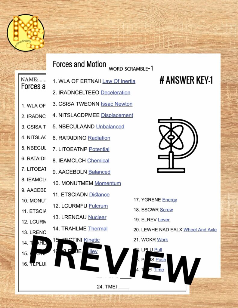 Forces and Motion Worksheets Crossword - Word Scramble - Word Search ...