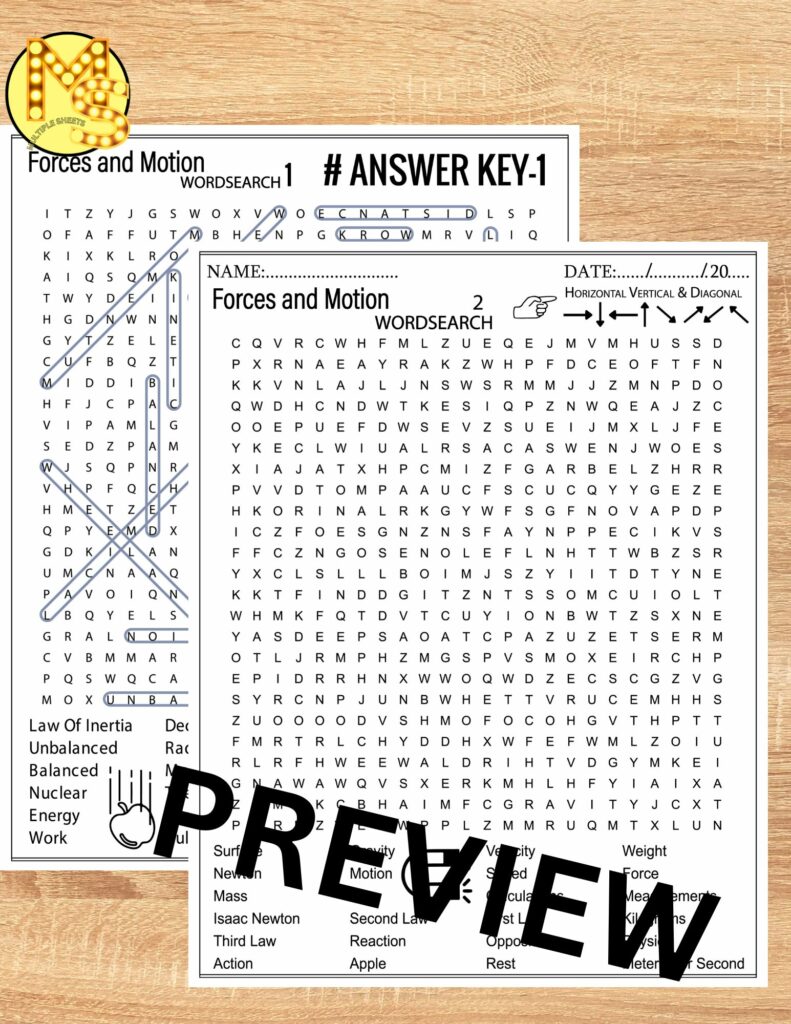 Forces and Motion Worksheets Crossword - Word Scramble - Word Search ...