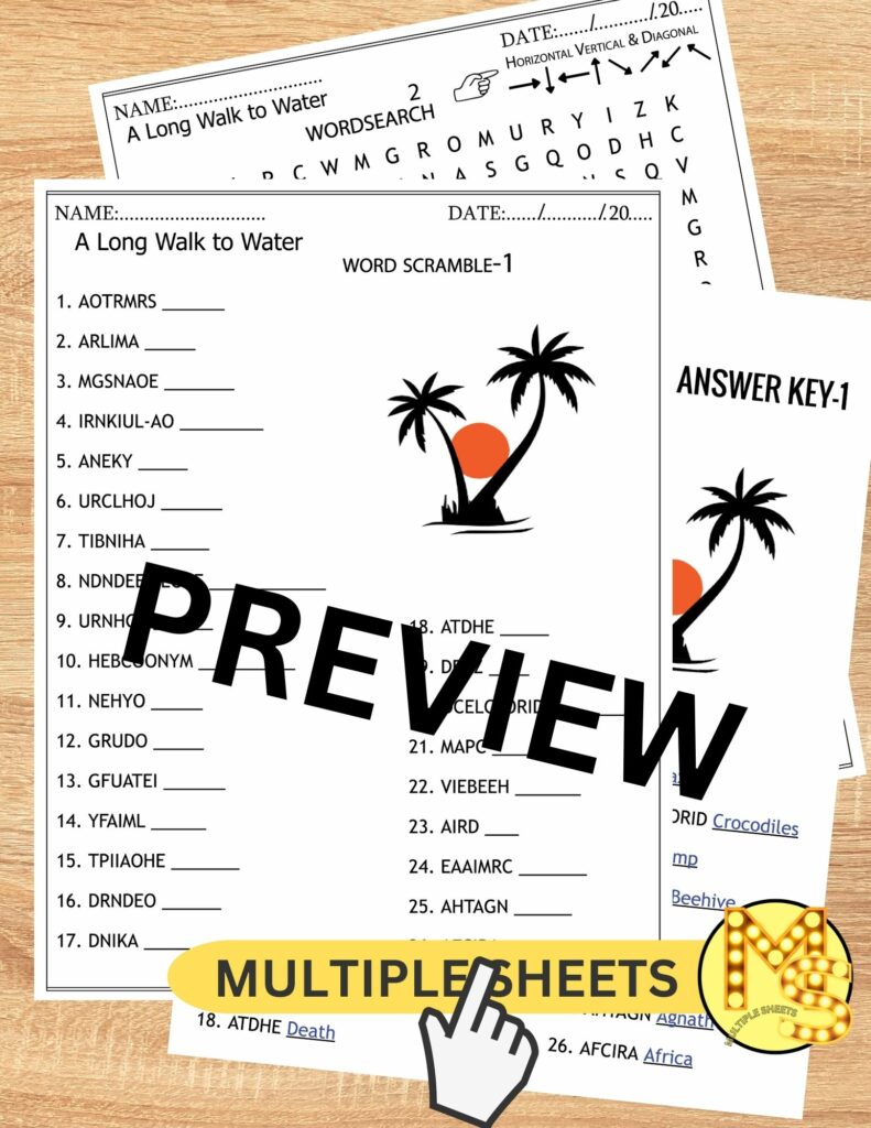 A Long Walk to Water Worksheets Crossword - Word Scramble - Word Search ...