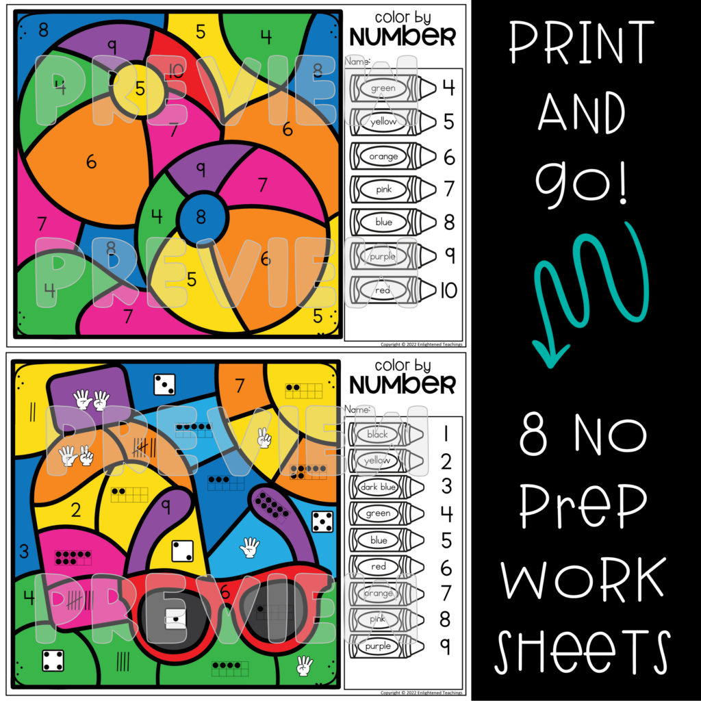 Summer Number Subitizing Worksheets Color by Number Subitizing to 10 ...