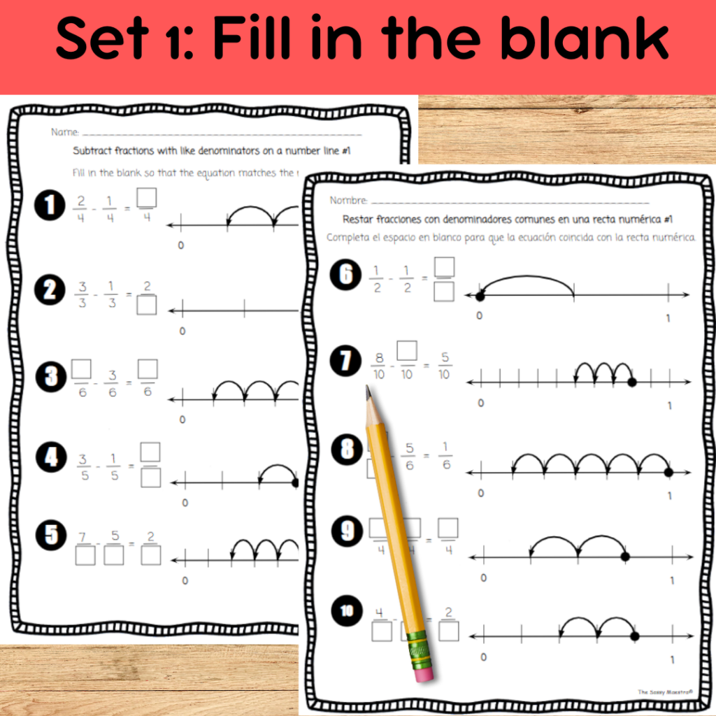 Subtract fractions on a number line Spanish & English Bilingual Bundle ...