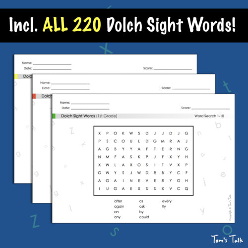 Dolch Word Searches for Pre-Primer, Primer, 1st, 2nd, and 3rd Grade ...