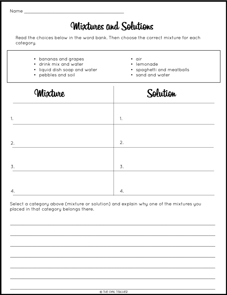 Mixtures and Solutions Sort Worksheet Activity and Craftivity | Made By ...