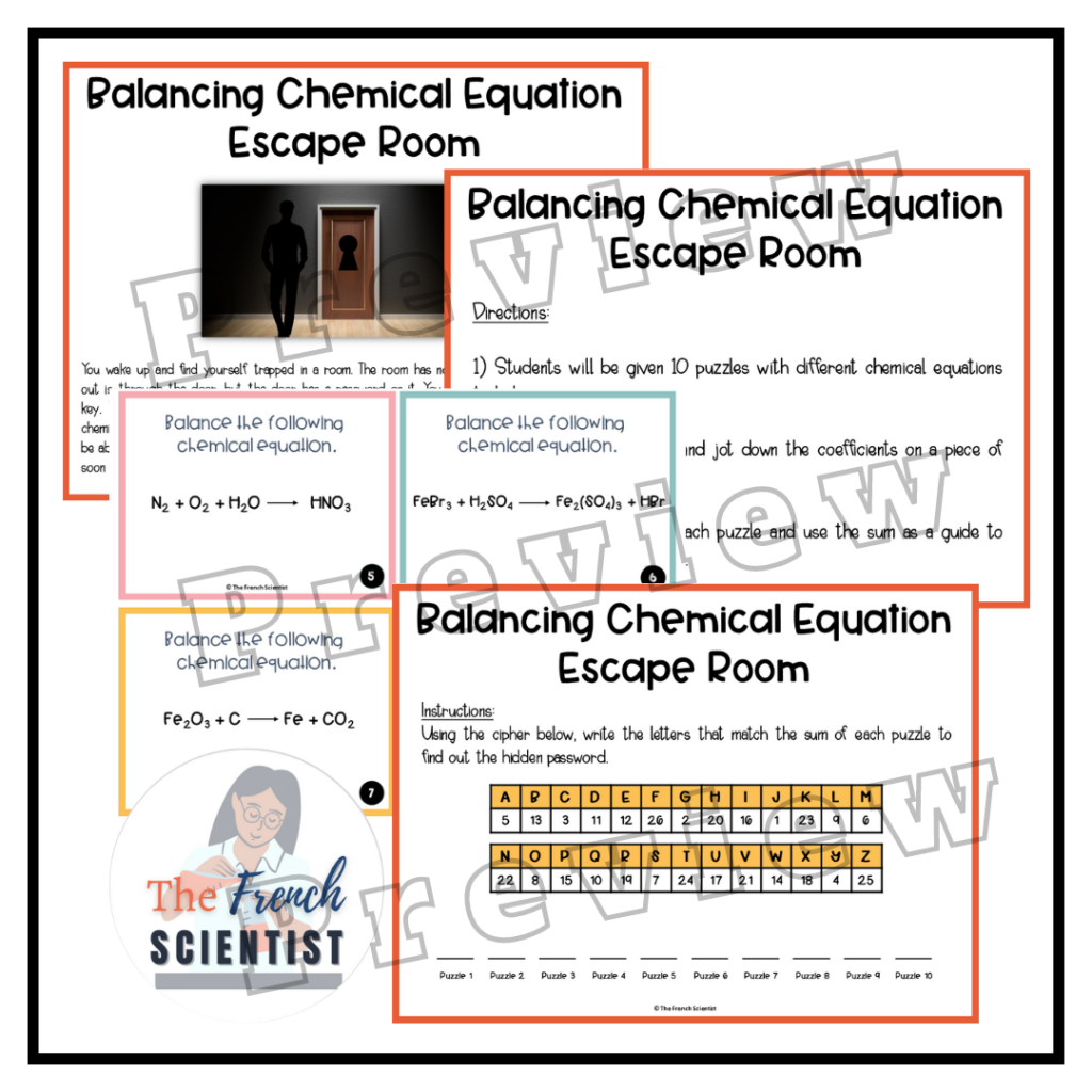 CHEMISTRY Balancing Chemical Equation Escape Room Activity - Made By ...