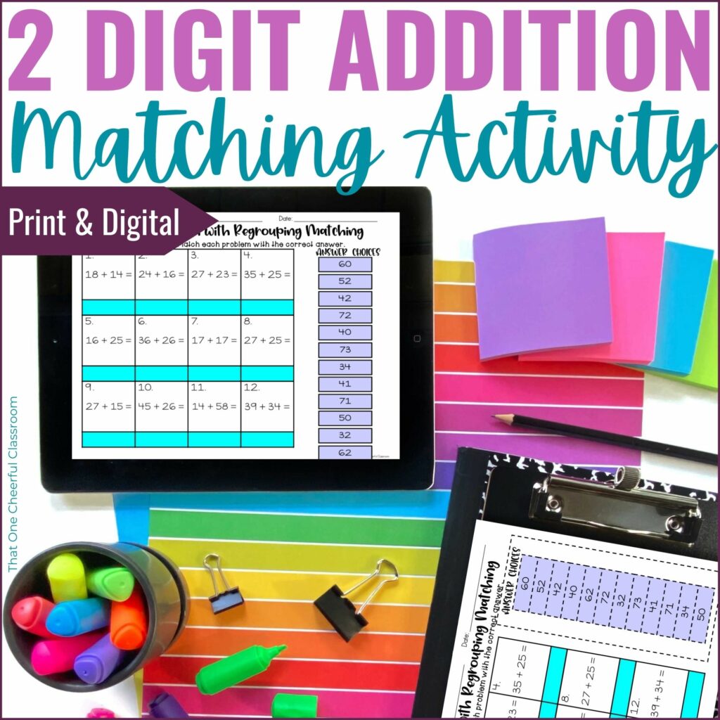 2 Digit Addition with Regrouping Matching Digital and Printable ...