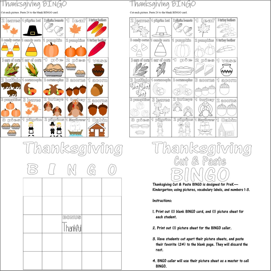 BINGO Thanksgiving Counting Class Game * Picture Vocabulary Numbers ...