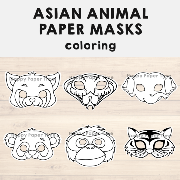Asian Animal Paper Masks Printable Jungle Coloring Craft Activity ...