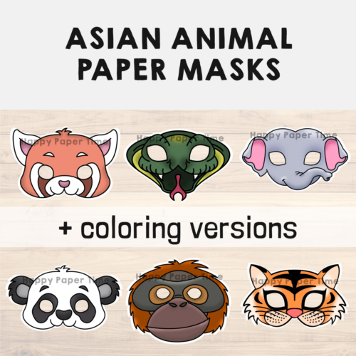 Asian Animal Paper Masks Printable Jungle Coloring Craft Activity ...