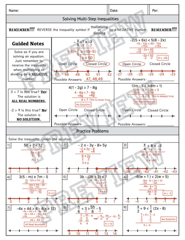 Solving Multi-Step Inequalities Guided Notes and Practice - Made By ...