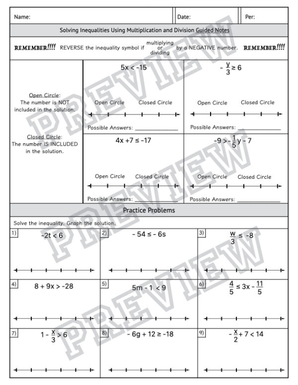 Solving Inequalities with Multiplication and Division Guided Notes and ...