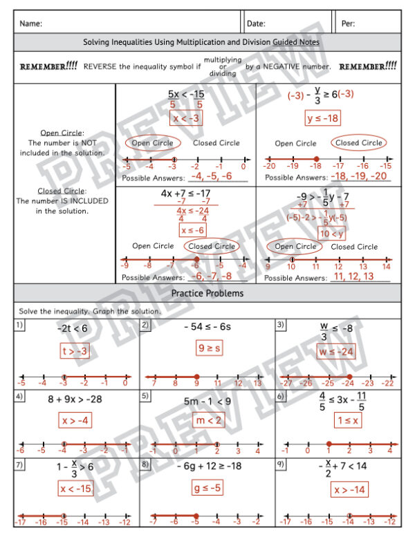 Solving Inequalities with Multiplication and Division Guided Notes and ...