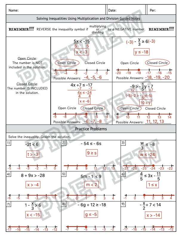 Solving Inequalities with Multiplication and Division Guided Notes and ...