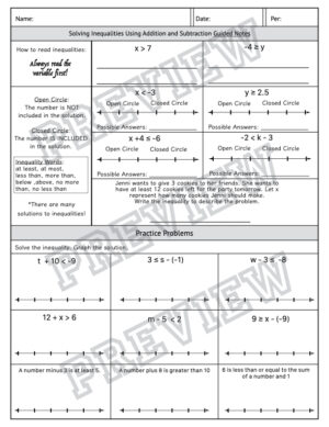 Solving Inequalities with Addition and Subtraction, Guided Notes and ...