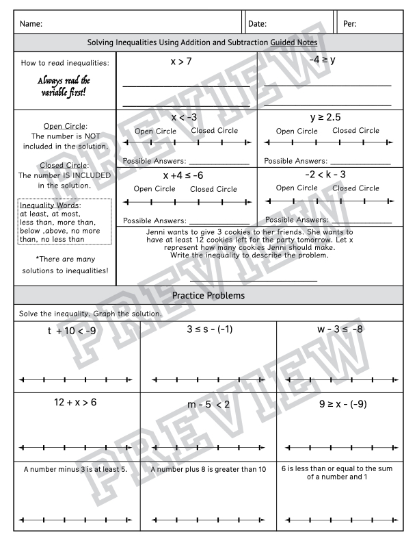 Solving Inequalities with Addition and Subtraction, Guided Notes and ...