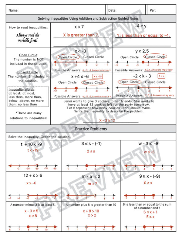 Solving Inequalities with Addition and Subtraction, Guided Notes and ...