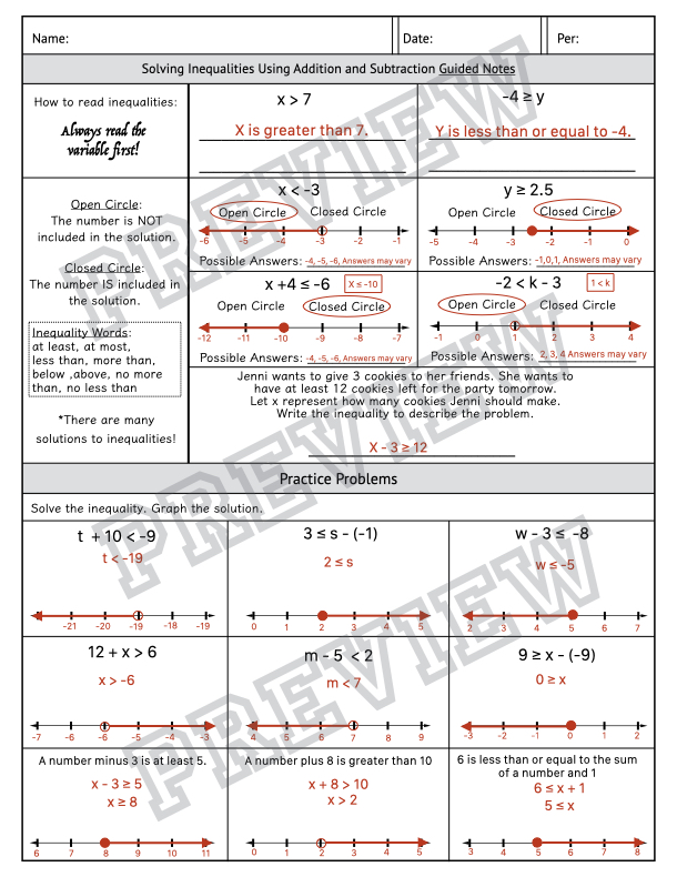 Solving Inequalities with Addition and Subtraction, Guided Notes and ...