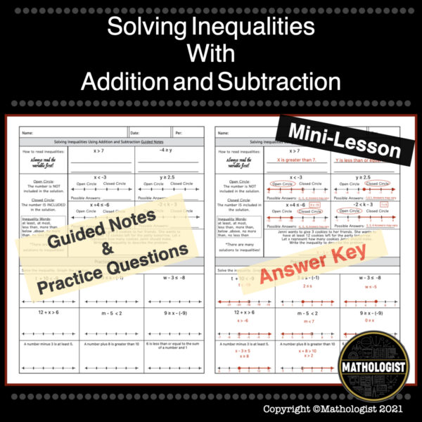 Solving Inequalities with Addition and Subtraction, Guided Notes and ...