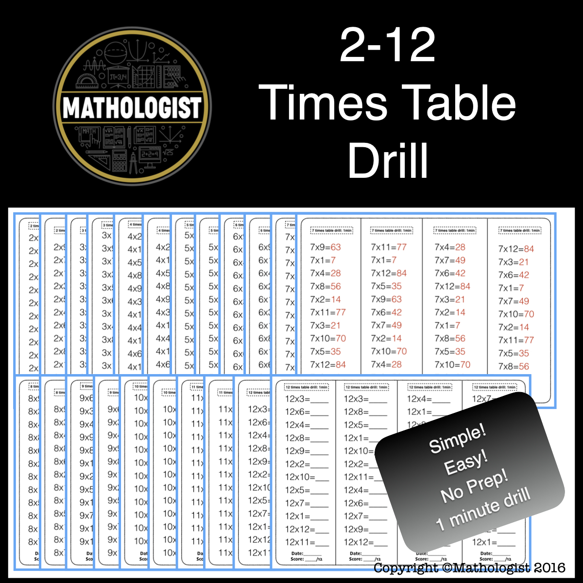Timed Multiplications Drill, Master Times Tables, One Minute Drill ...
