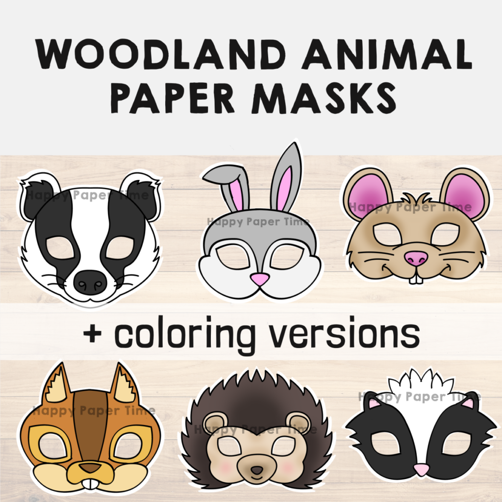 Woodland Animal Paper Masks Printable Forest Coloring Craft Activity ...