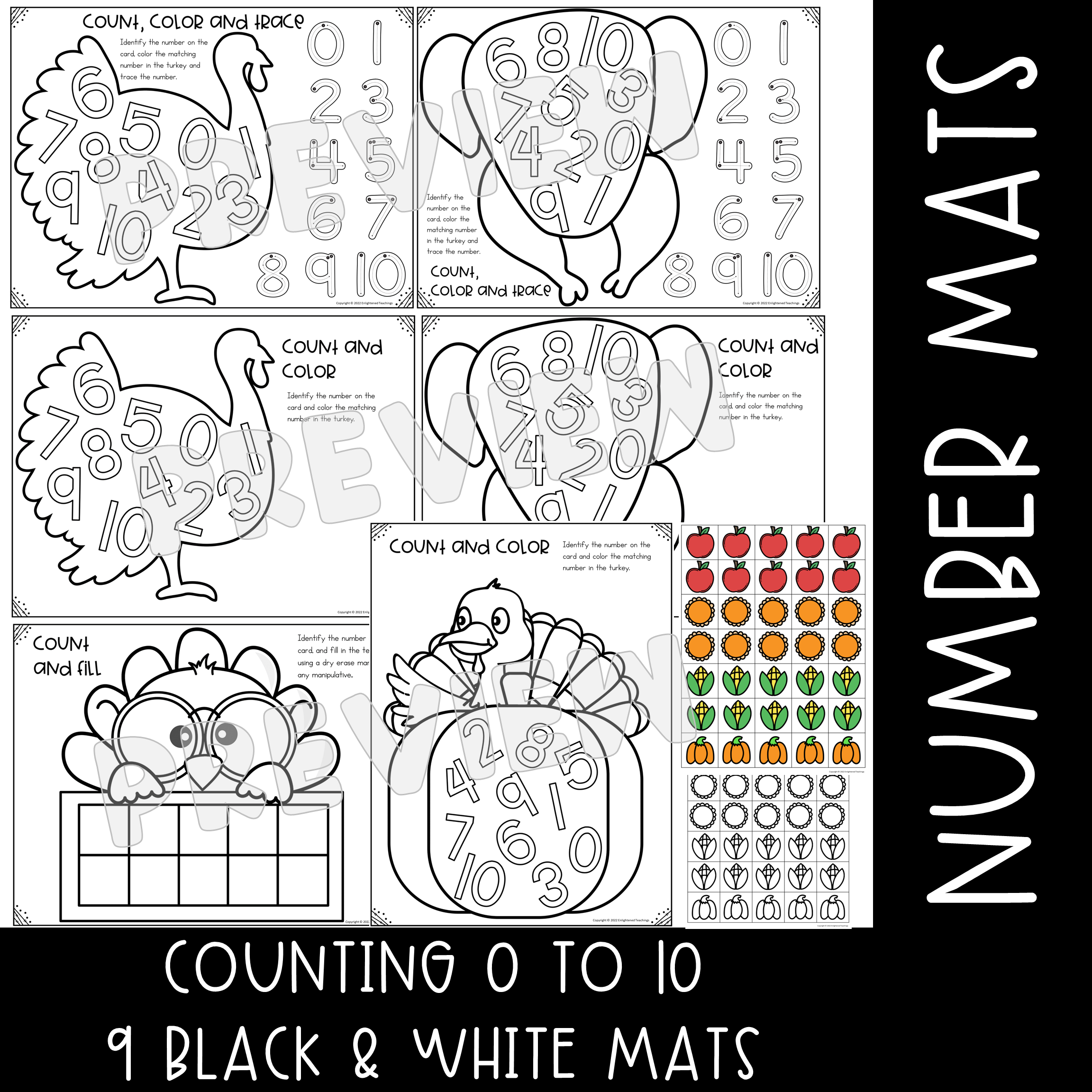 Turkey Number Mats Turkey Counting Number Subitizing Mats Number Sense ...