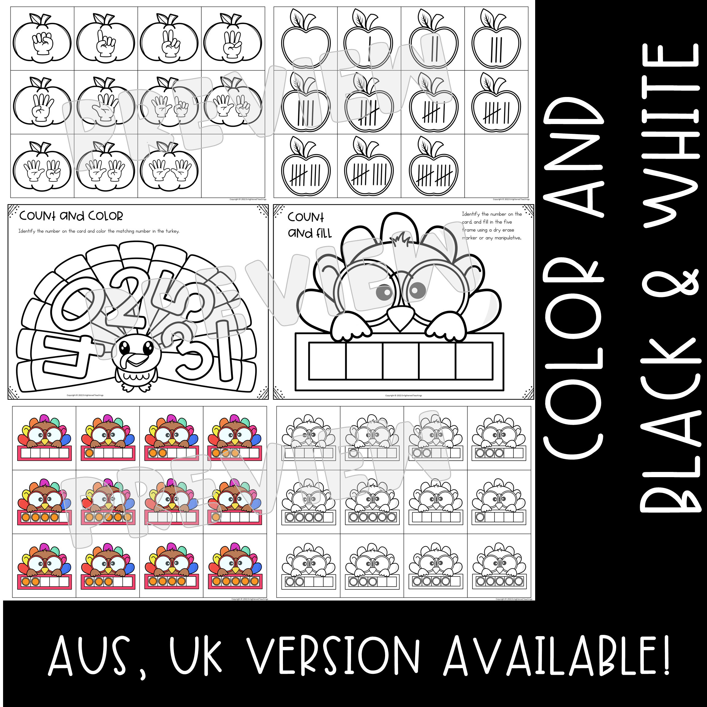 Turkey Number Mats Turkey Counting Number Subitizing Mats Number Sense ...