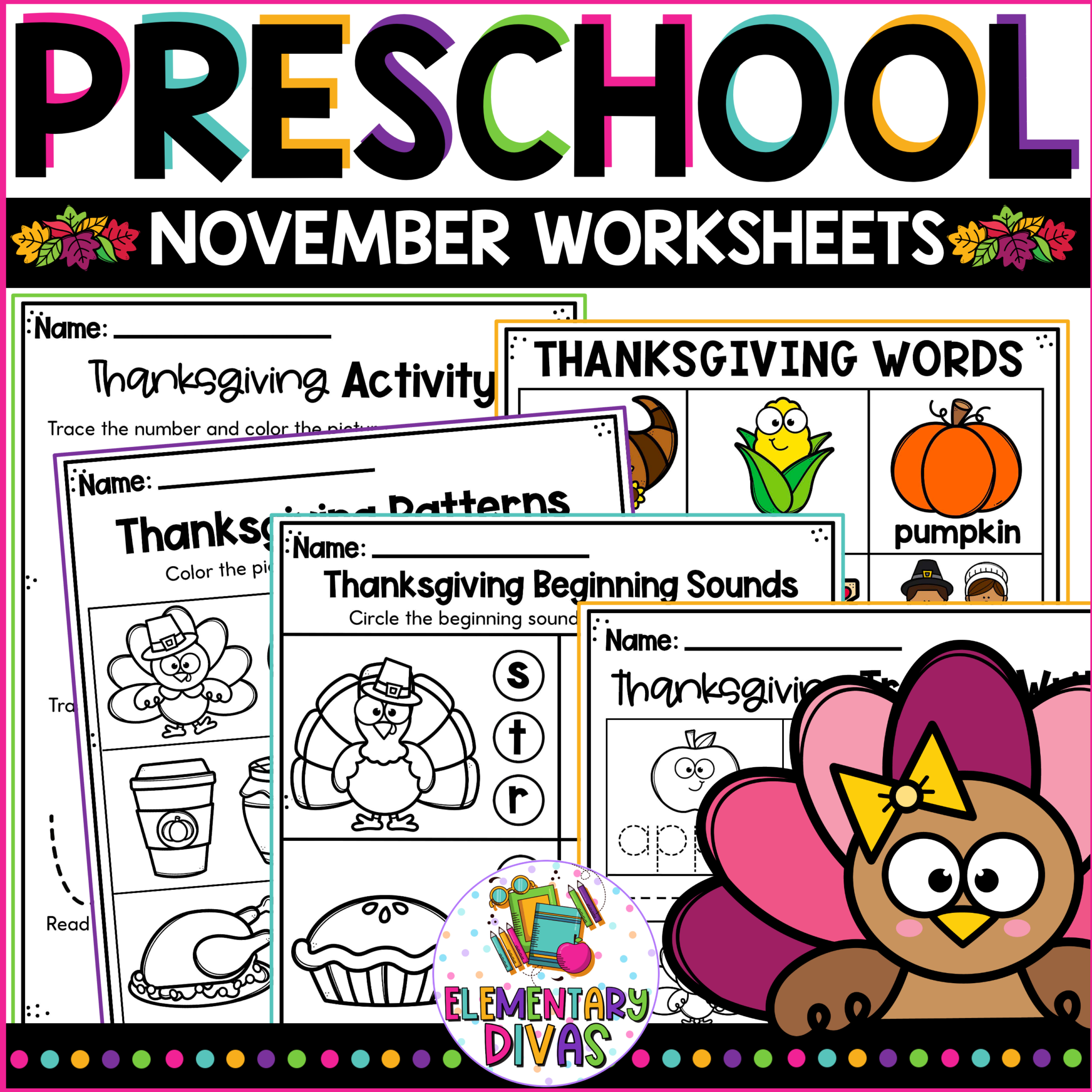 November Fall Preschool NO PREP Worksheet Packet (Pre-K) Thanksgiving ...