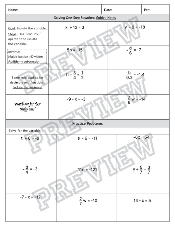 Solving One-Step Equations Mini-Lesson Guided Notes and Practice | Made ...