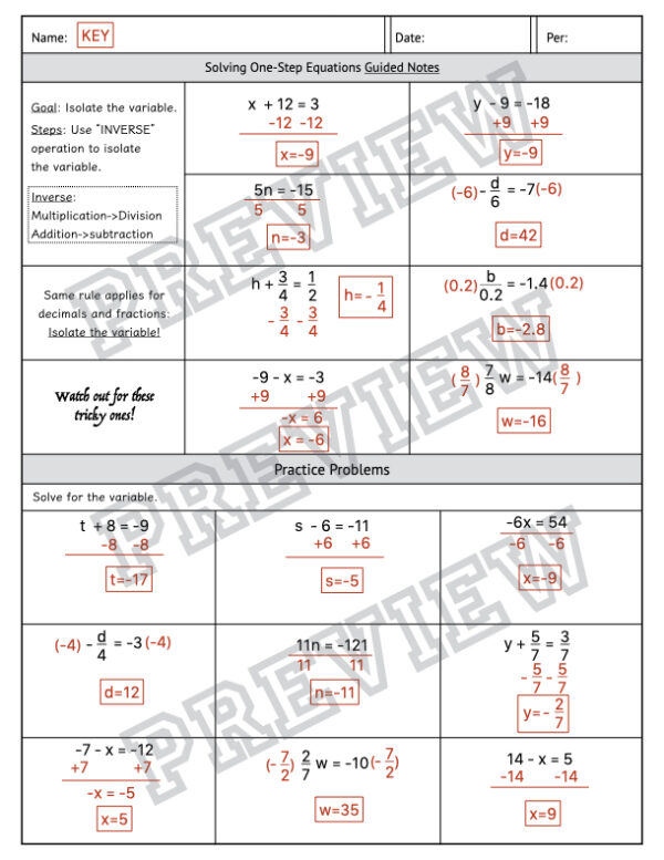 Solving One-Step Equations Mini-Lesson Guided Notes and Practice | Made ...