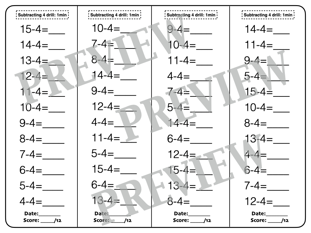 Timed Subtraction One Minute Drill/Practice | Made By Teachers