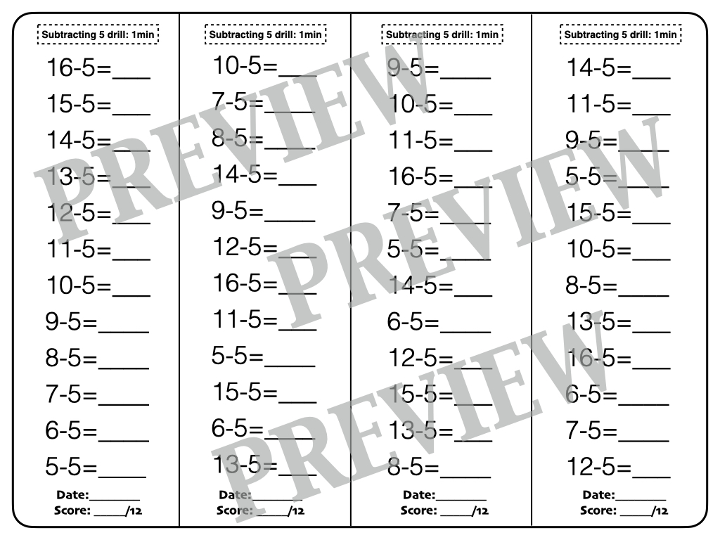 Timed Subtraction One Minute Drill/Practice | Made By Teachers