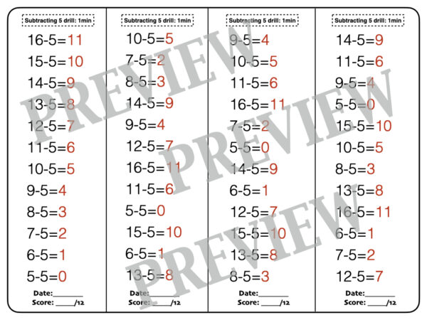Timed Subtraction One Minute Drill/Practice | Made By Teachers