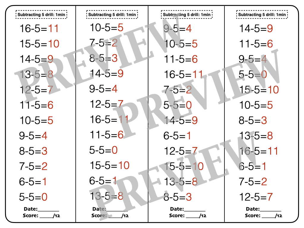 Timed Subtraction One Minute Drill/Practice | Made By Teachers