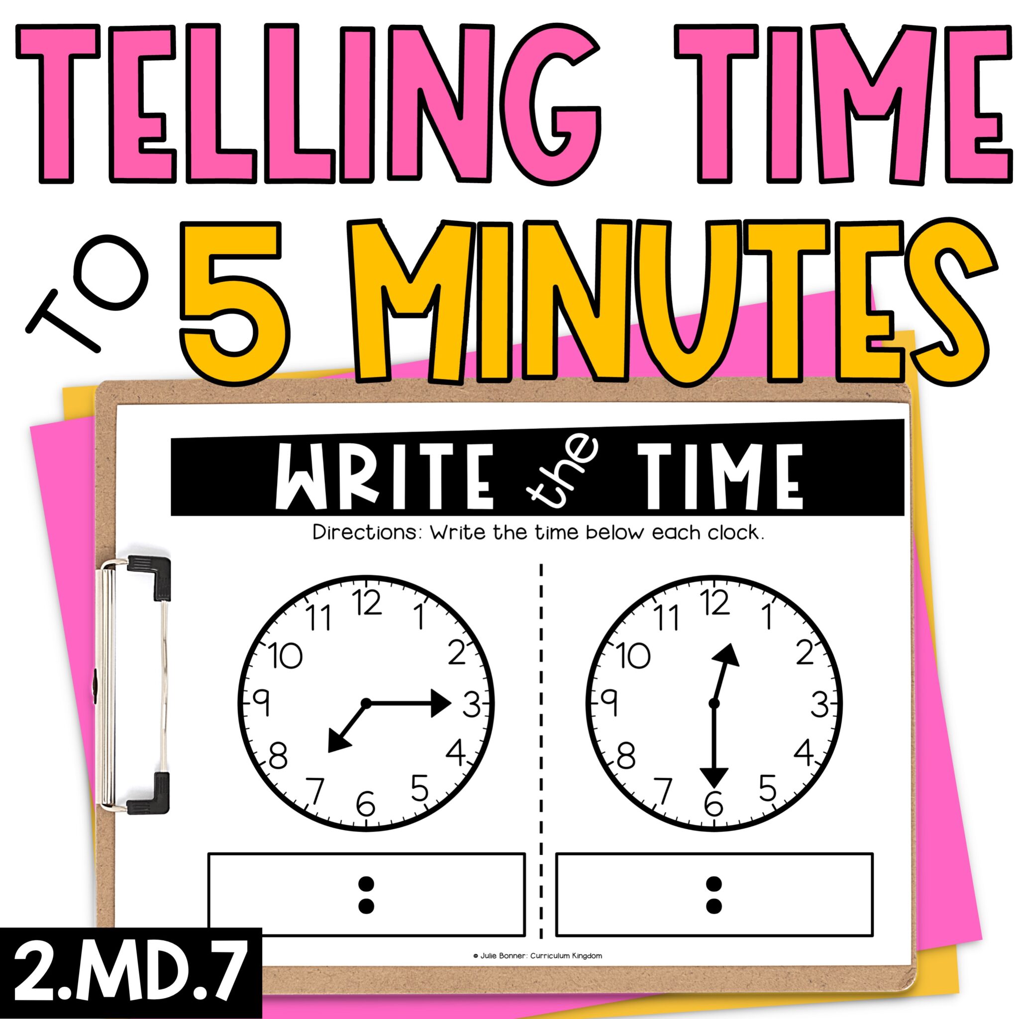 Telling Time to 5 Minutes 2nd Grade Math Worksheets or Exit Tickets 2 ...