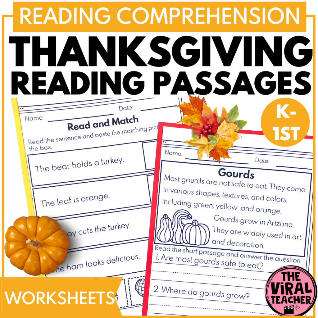 Kindergarten Thanksgiving Reading Passages + Comprehension Questions ...