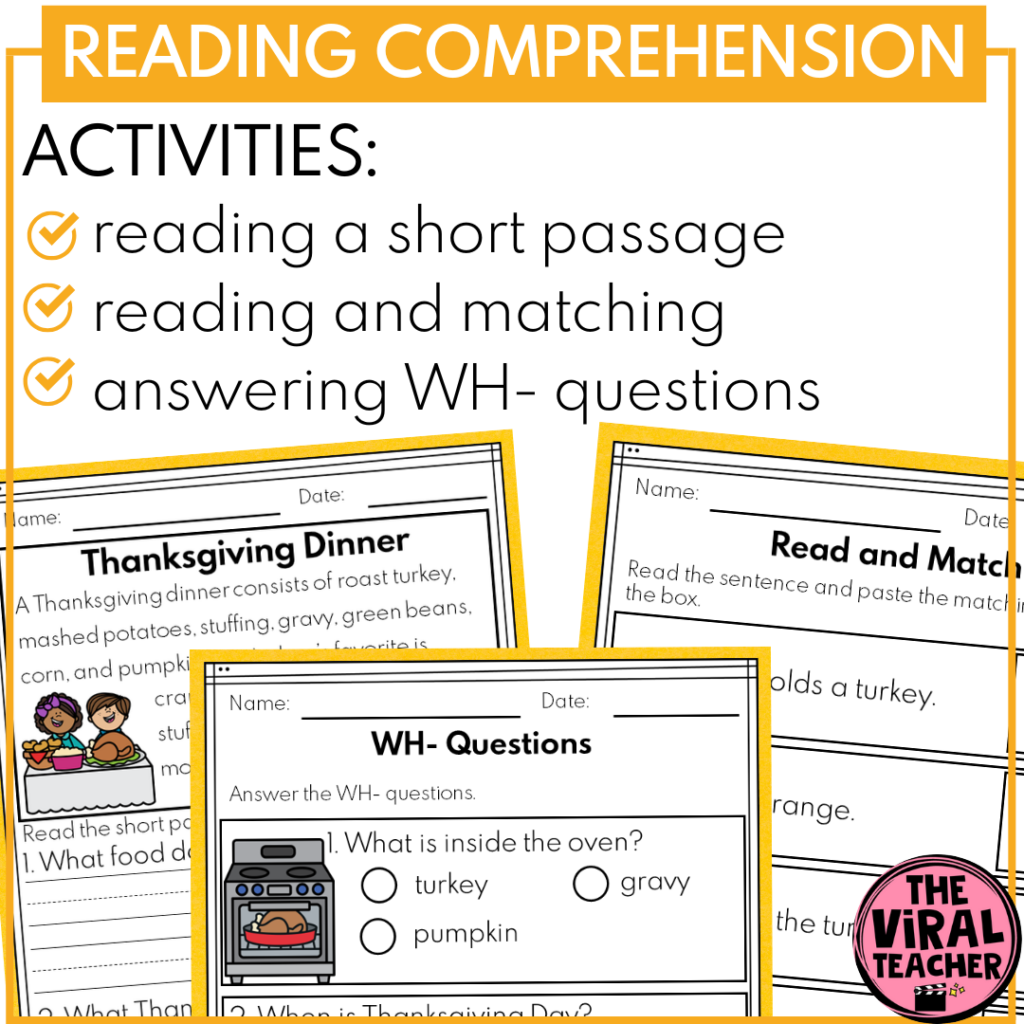 Kindergarten Thanksgiving Reading Passages + Comprehension Questions ...