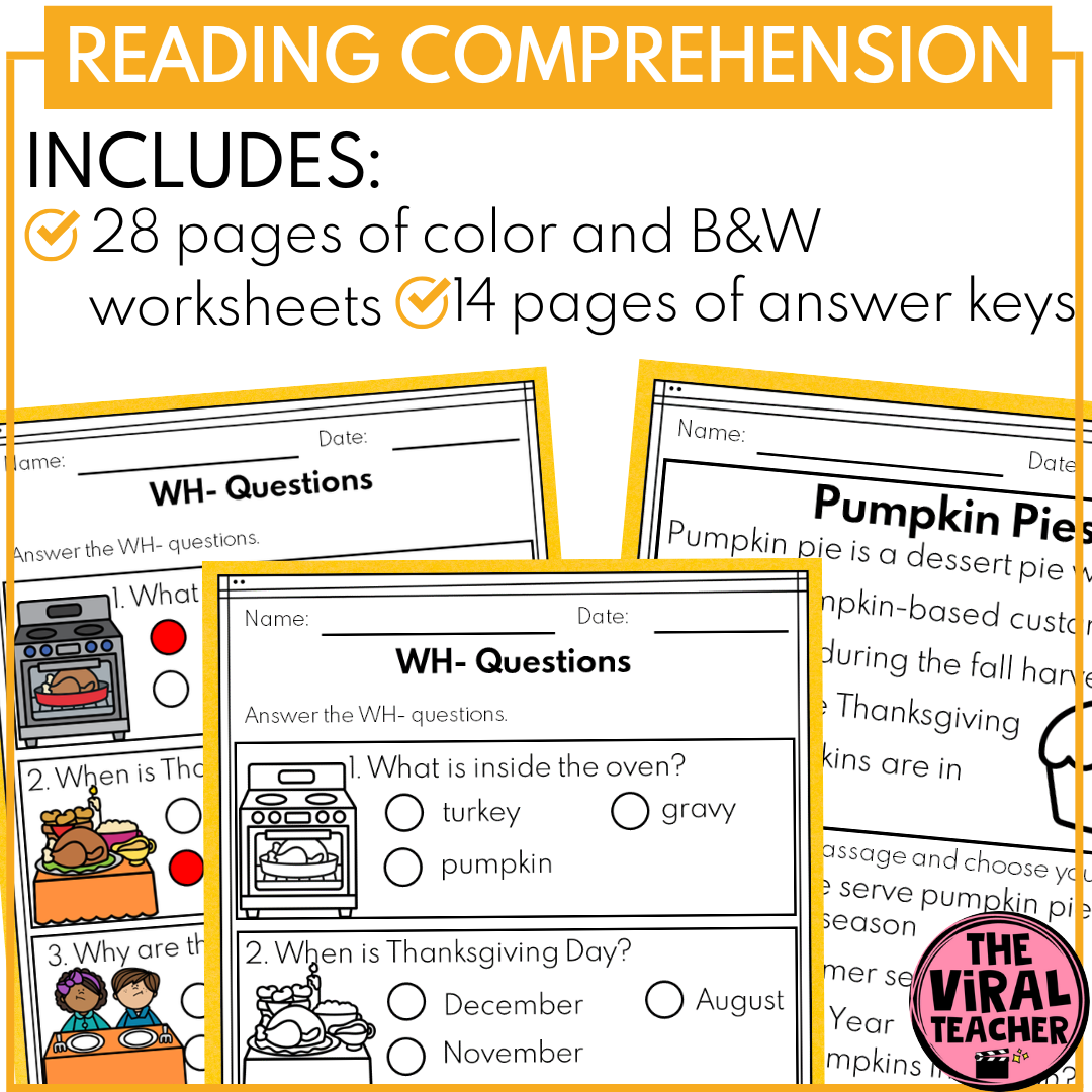 Kindergarten Thanksgiving Reading Passages + Comprehension Questions ...