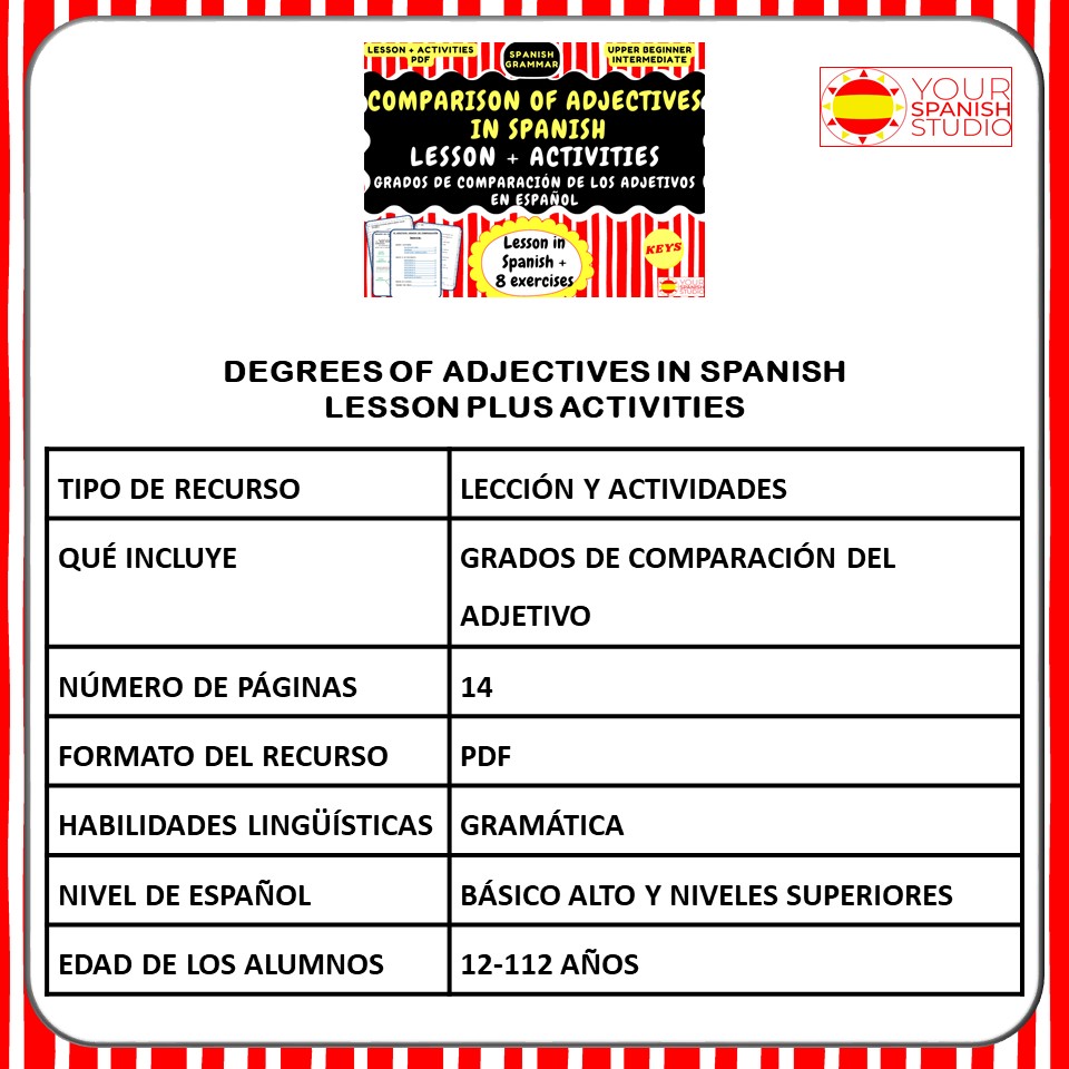 Spanish Degrees of adjectives No prep lesson, activities and keys ...