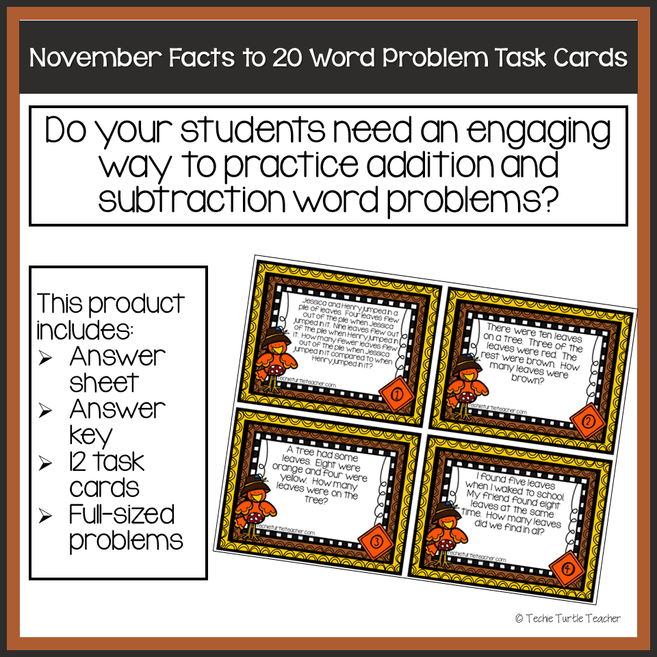 Addition & Subtraction Facts within 20 Fall Word Problem Task Cards ...