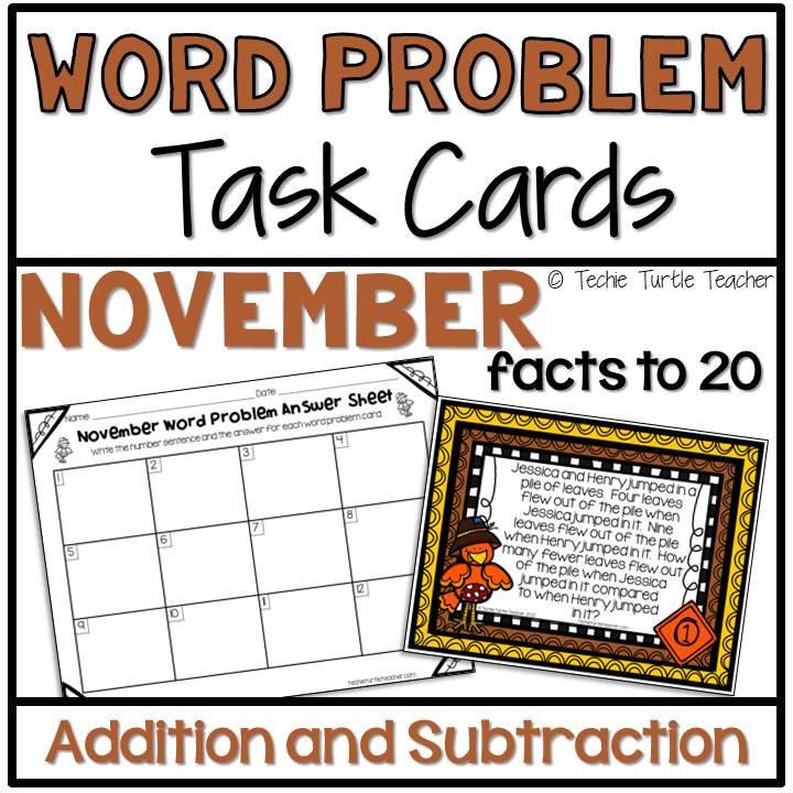 Addition & Subtraction Facts within 20 Fall Word Problem Task Cards ...