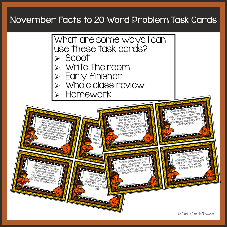 Addition & Subtraction Facts within 20 Fall Word Problem Task Cards ...
