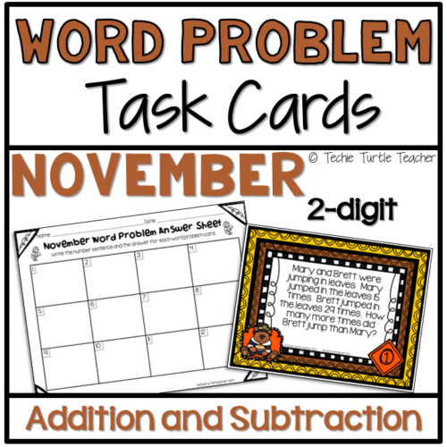 Addition & Subtraction 2-Digit Fall Word Problem Task Cards November ...
