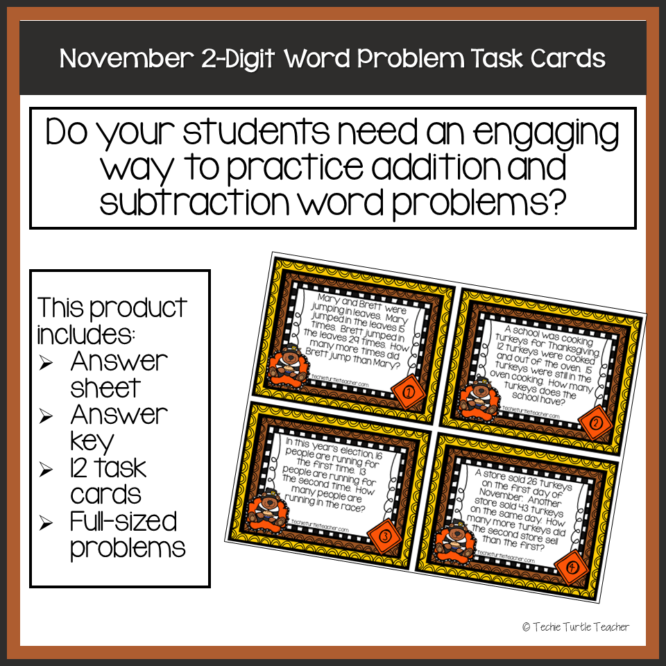 Addition & Subtraction 2-Digit Fall Word Problem Task Cards November ...