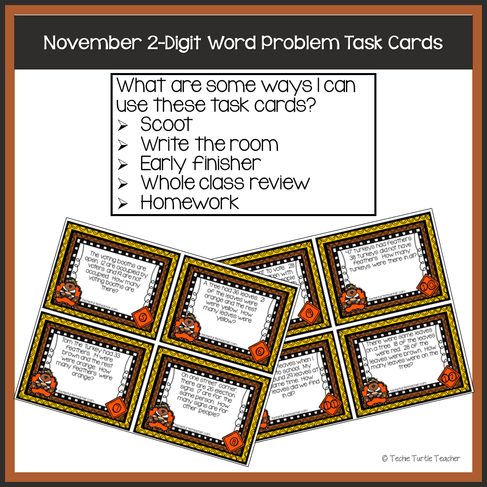Addition & Subtraction 2-Digit Fall Word Problem Task Cards November ...