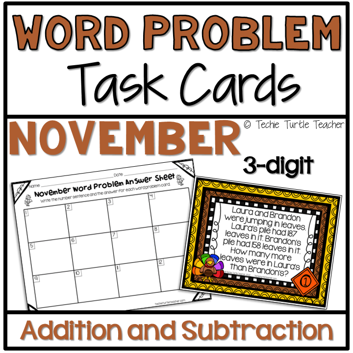 Addition & Subtraction 3-Digit Fall Word Problem Task Cards November ...