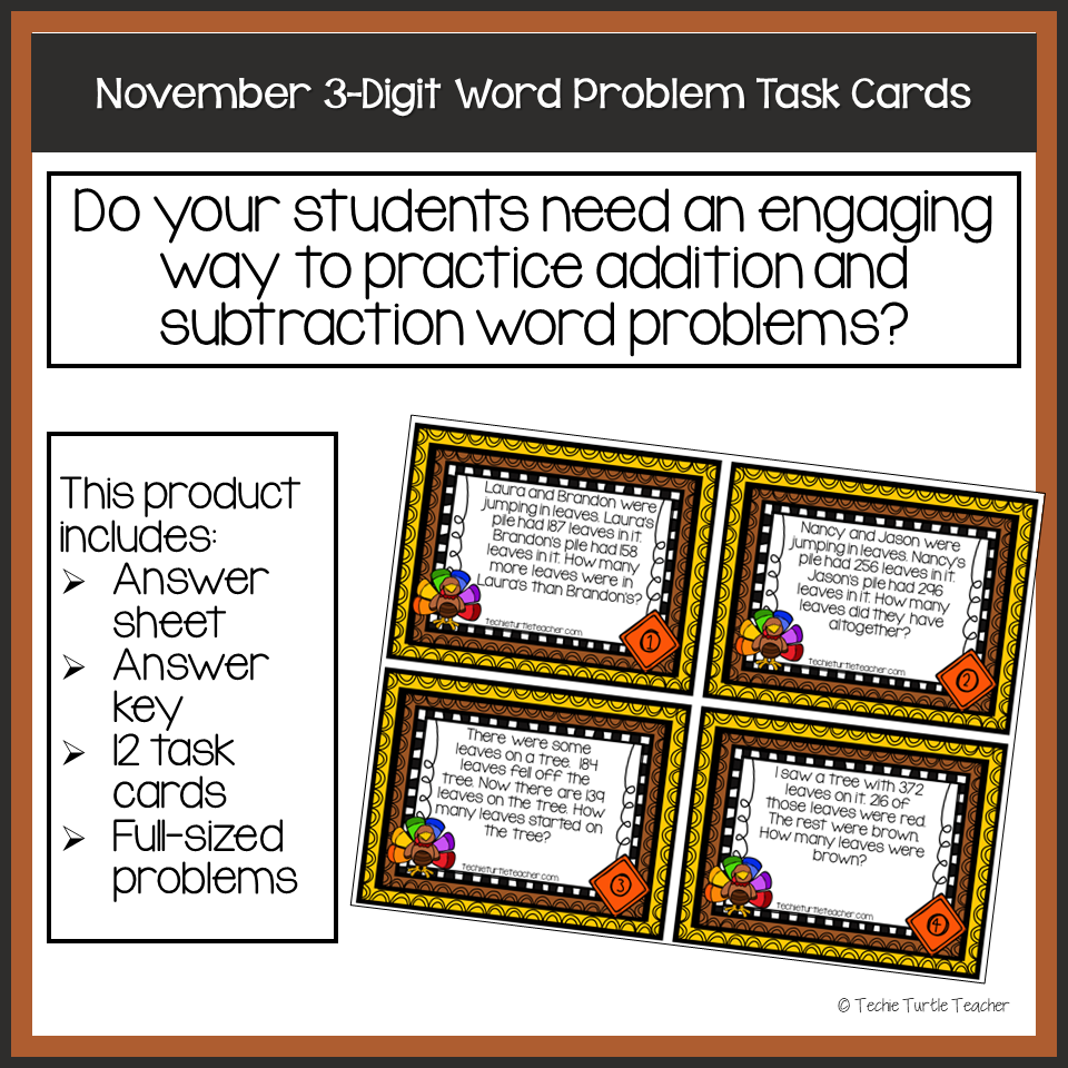 Addition & Subtraction 3-Digit Fall Word Problem Task Cards November ...