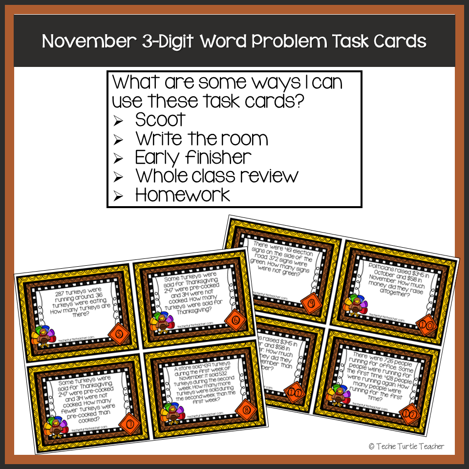 Addition & Subtraction 3-Digit Fall Word Problem Task Cards November ...