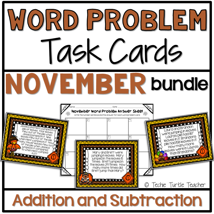 Addition & Subtraction Bundle of Fall Word Problem Task Cards for ...