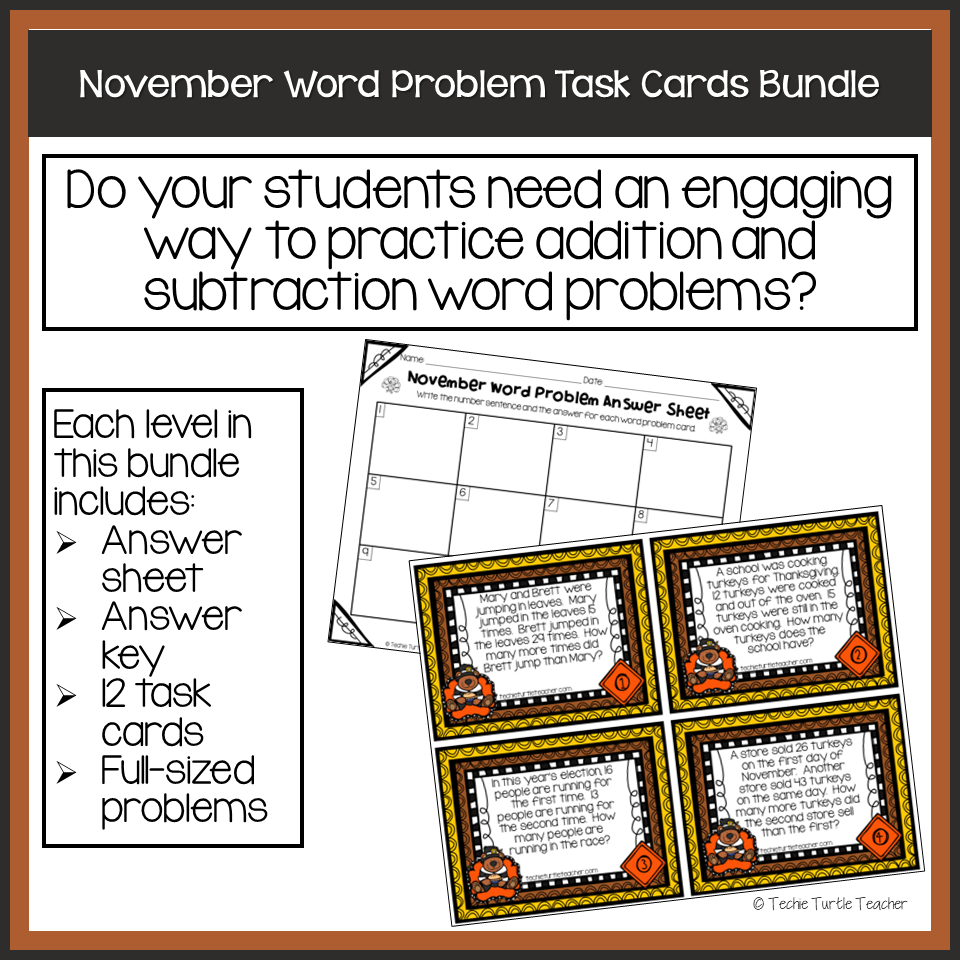 Addition & Subtraction Bundle of Fall Word Problem Task Cards for ...