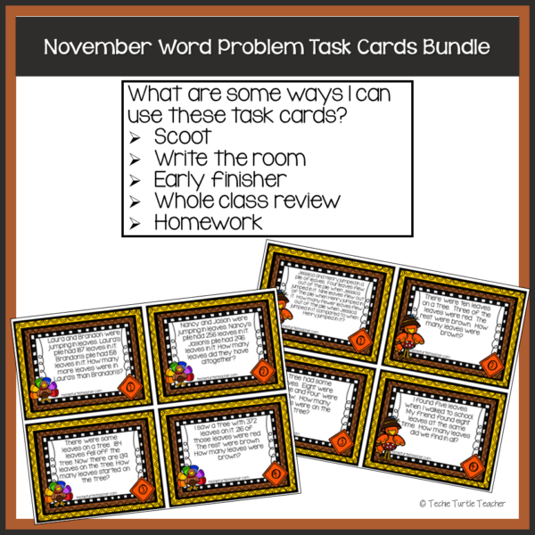 Addition & Subtraction Bundle of Fall Word Problem Task Cards for ...