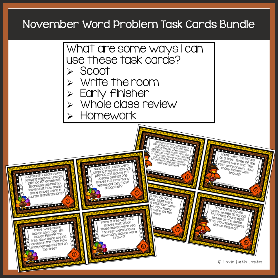 Addition & Subtraction Bundle of Fall Word Problem Task Cards for ...